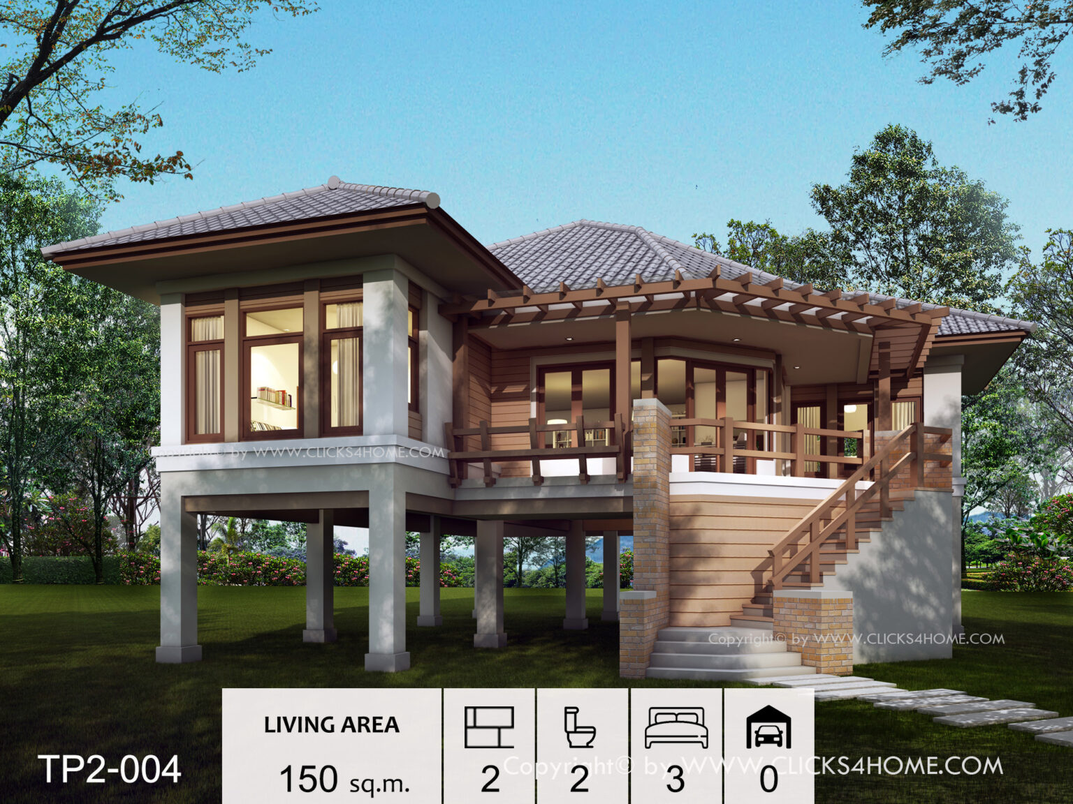 TP2-004 : แบบบ้านยกใต้ถุนสูง หนีน้ำท่วม สไตล์ทรอปปิคอล (Tropical)