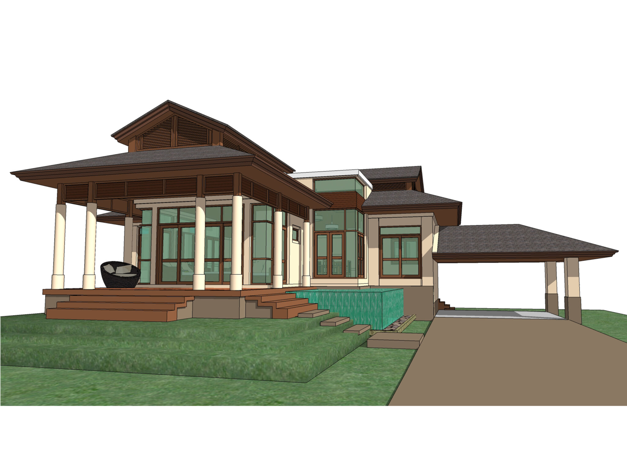 แบบบ้านสวยๆ TP1-005 ยกพื้นสูง สไตล์ทรอปปิคอล รูปแบบรีสอร์ท