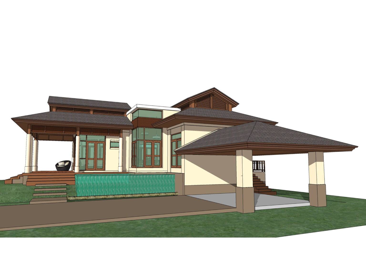 แบบบ้านสวยๆ TP1-005 ยกพื้นสูง สไตล์ทรอปปิคอล รูปแบบรีสอร์ท