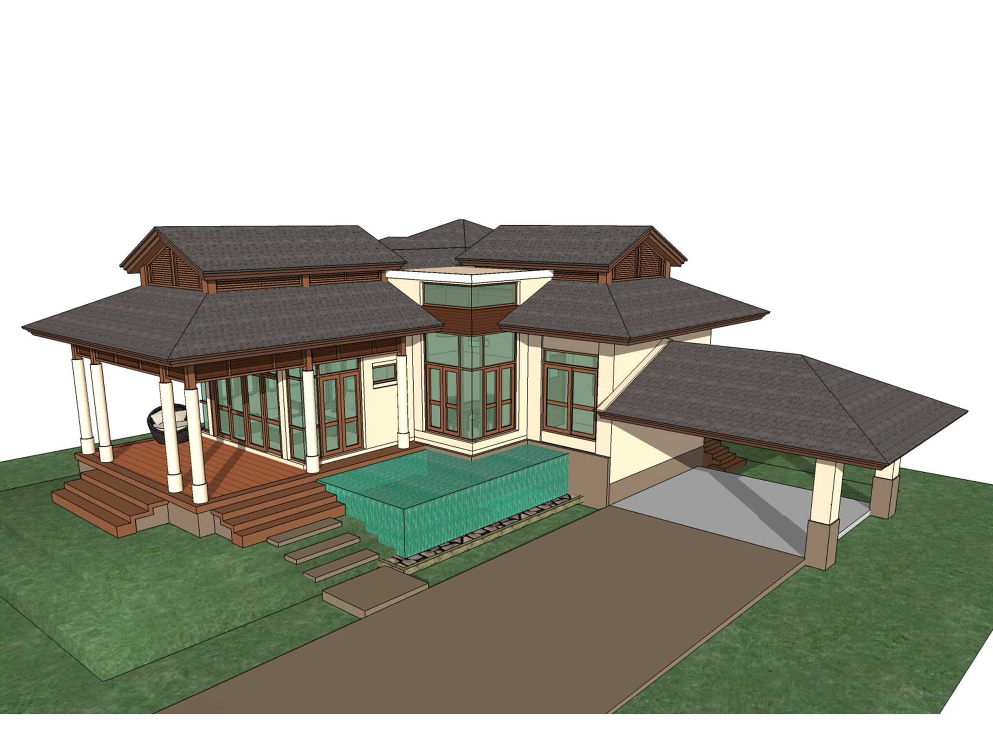 แบบบ้านสวยๆ TP1-005 ยกพื้นสูง สไตล์ทรอปปิคอล รูปแบบรีสอร์ท