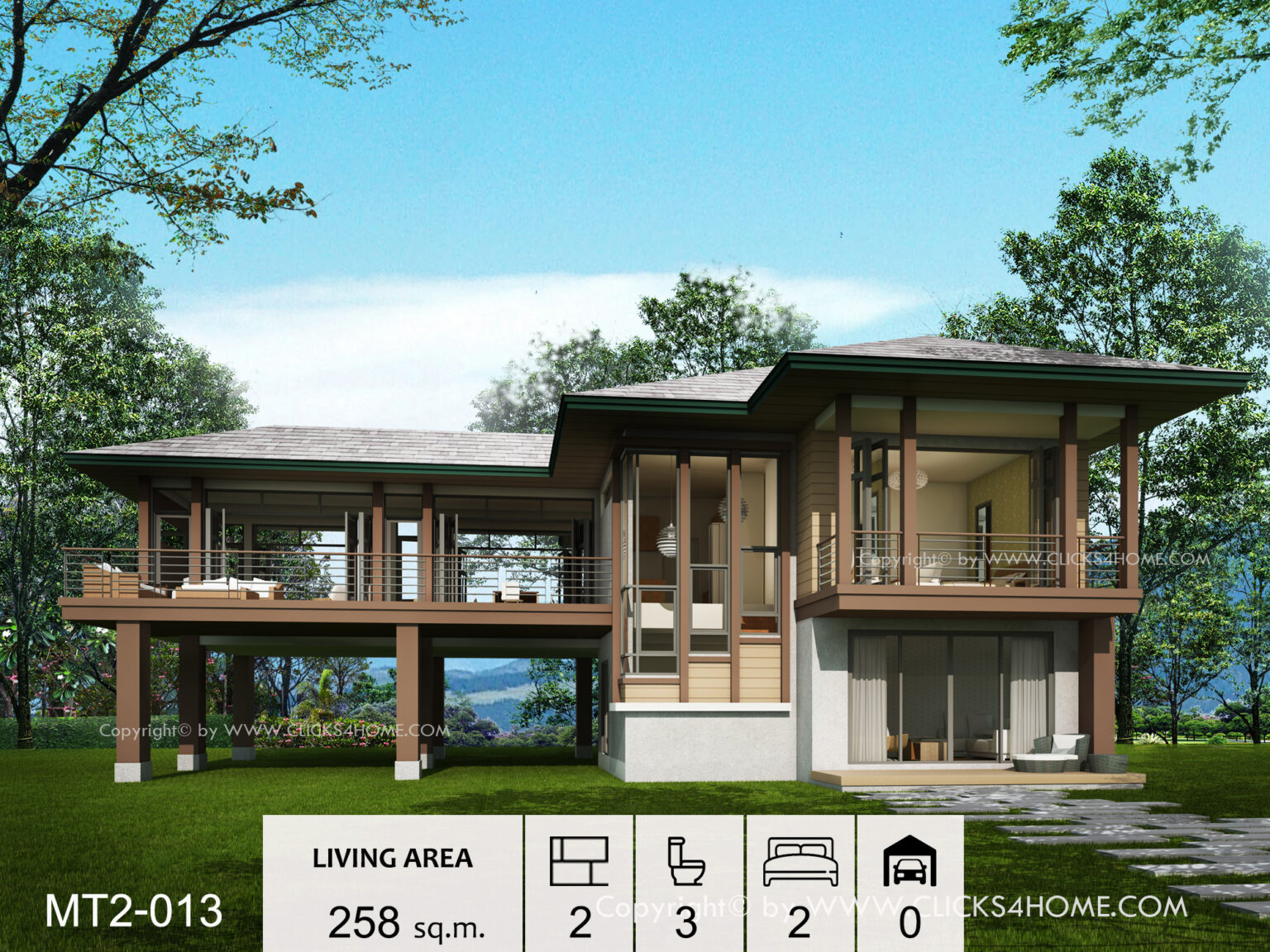 แบบบ้านยกสูง ใต้ถุนโล่ง MT2-013 รูปแบบรีสอร์ท หลังคาทรงปั้นหยา