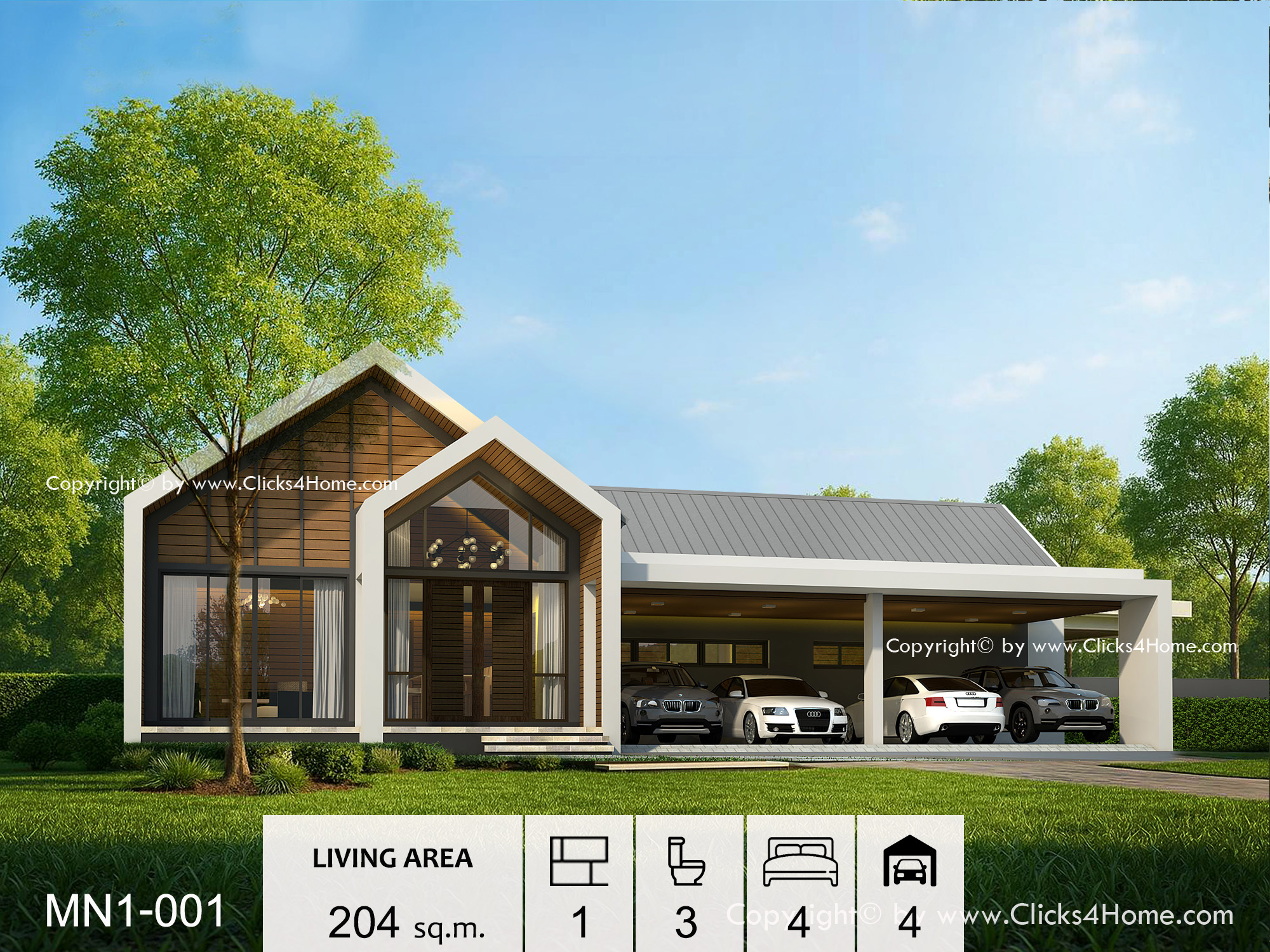 แบบบ้านหน้าจั่ว MN1-001 สไตล์มินิมอลนอร์ดิก มีที่จอดรถ 4 คัน